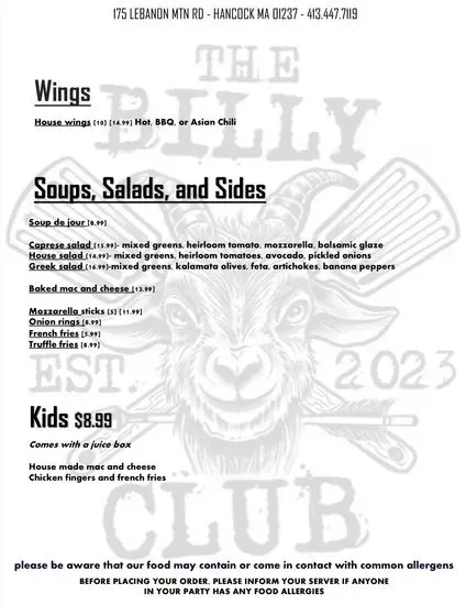 The Billy Club Menu Pittsfield Ma Checkle