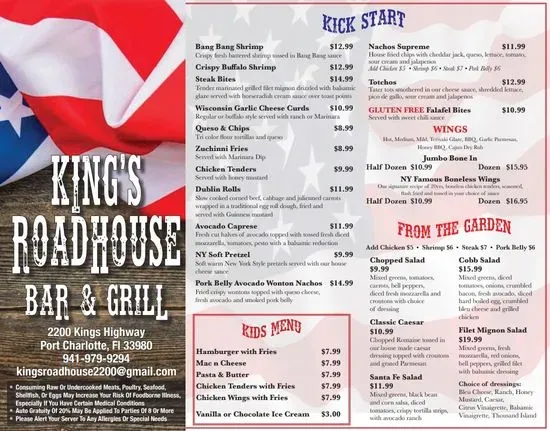 Kings Roadhouse Bar & Grill Menu | Port Charlotte, FL | Checkle