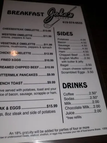 Jake's Tavern Menu | Essex, MD | Checkle