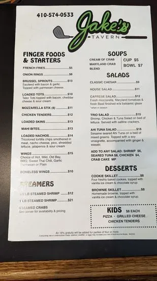 Jake's Tavern Menu | Essex, MD | Checkle