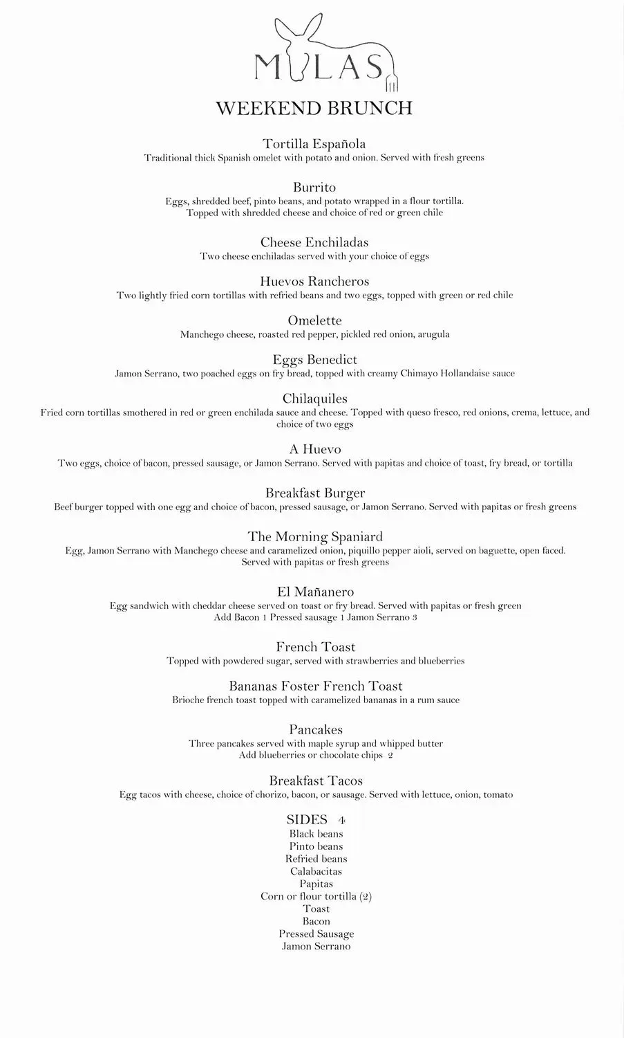 Mulas Menu - Updated August 2025