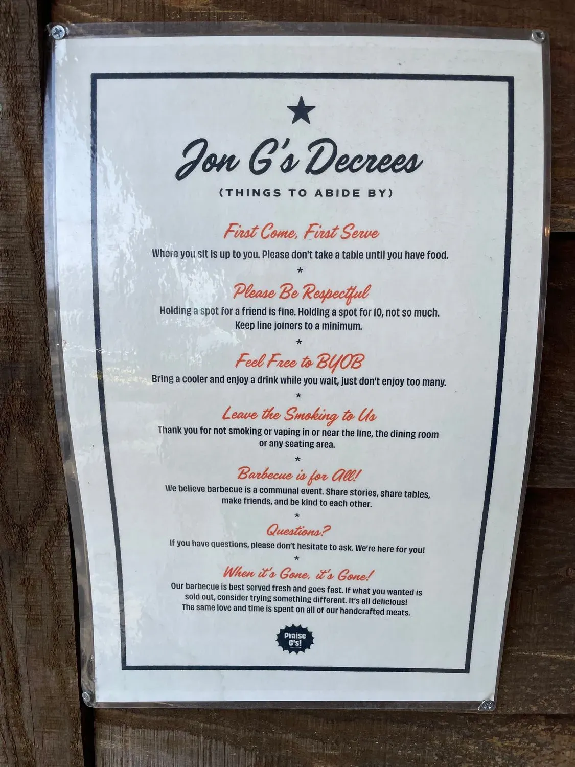 Jon G's Barbecue Menu - Updated October 2025