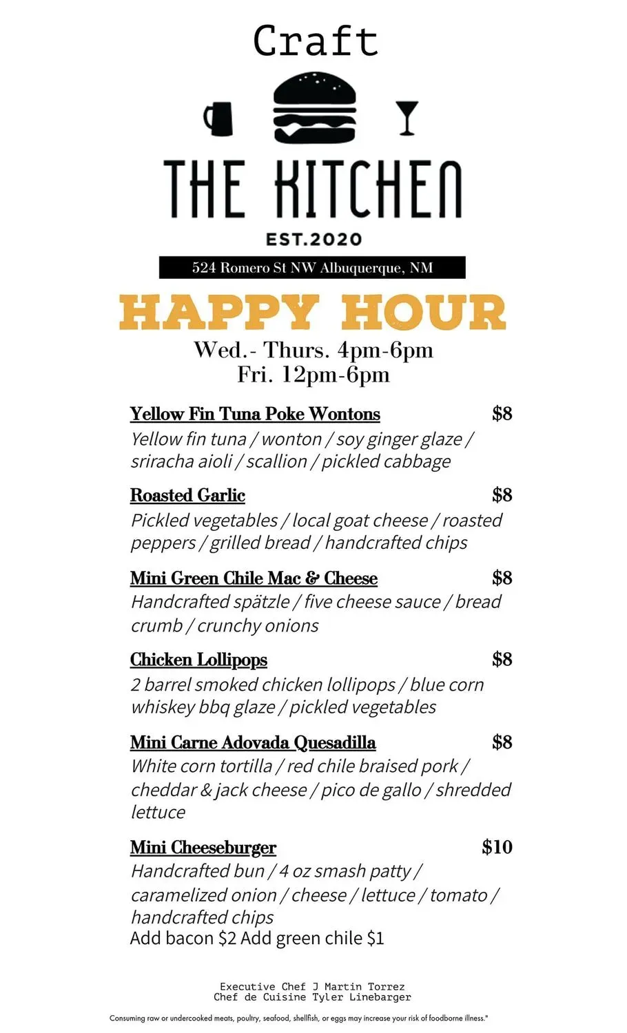 The Craft Kitchen Menu - Updated November 2025