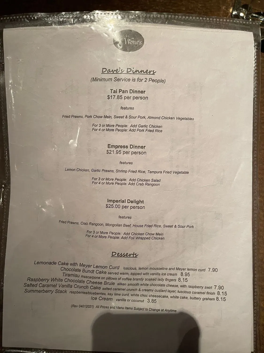 Dave Wong's Restaurant & Deli Menu - Updated October 2025