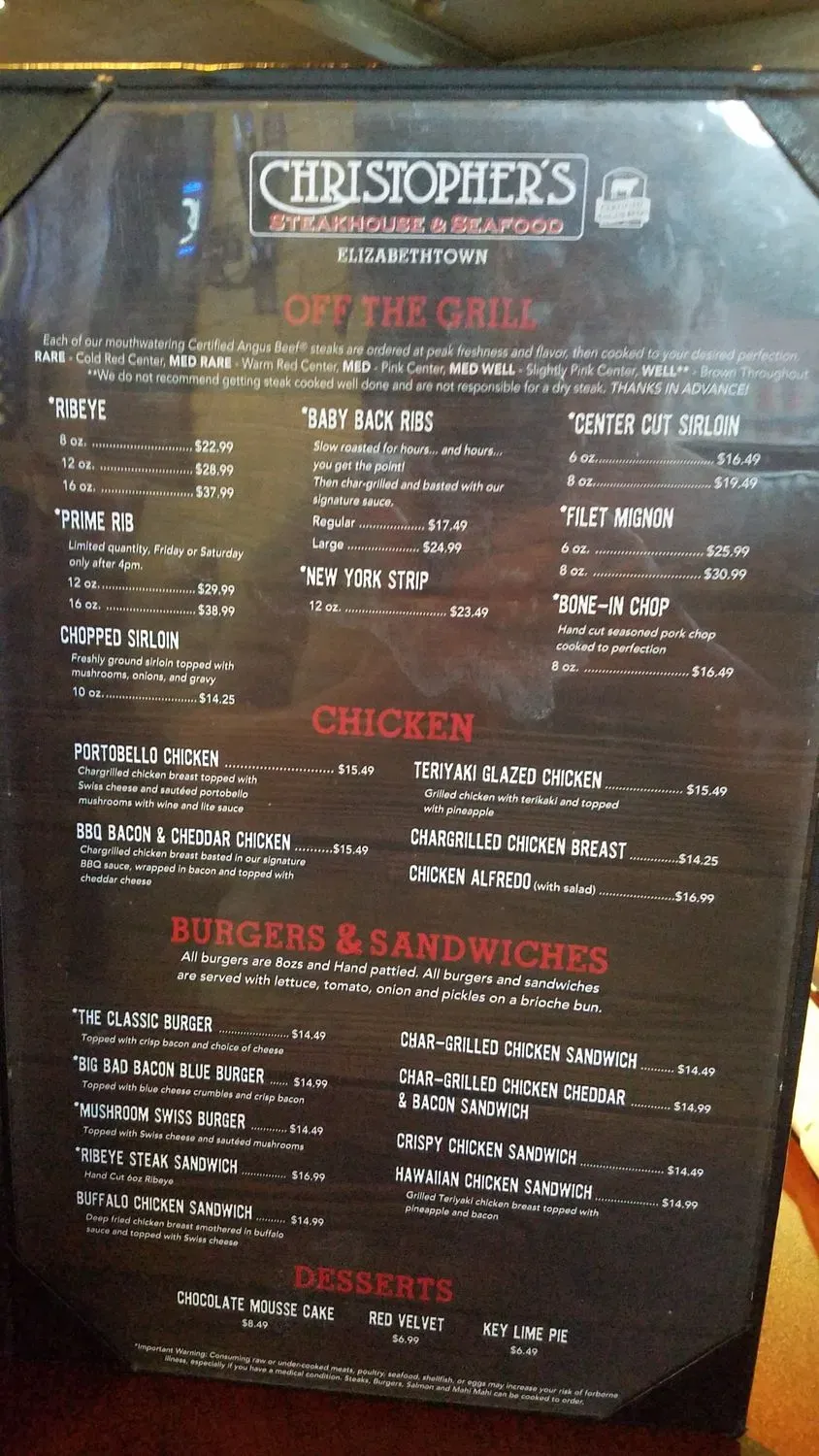 Christopher's Steakhouse & Seafood Menu - Updated November 2025