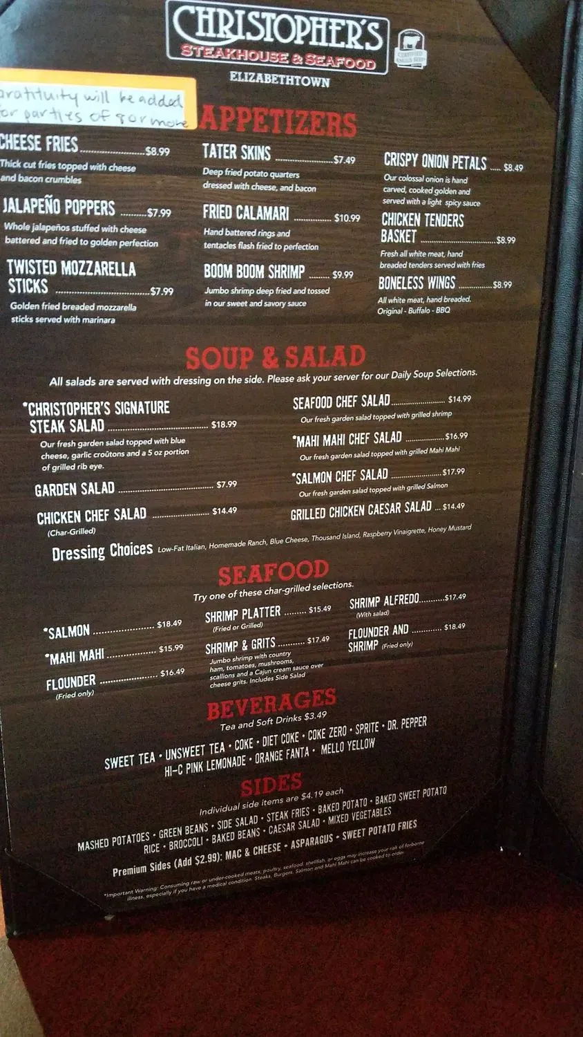 Christopher's Steakhouse & Seafood Menu - Updated November 2025