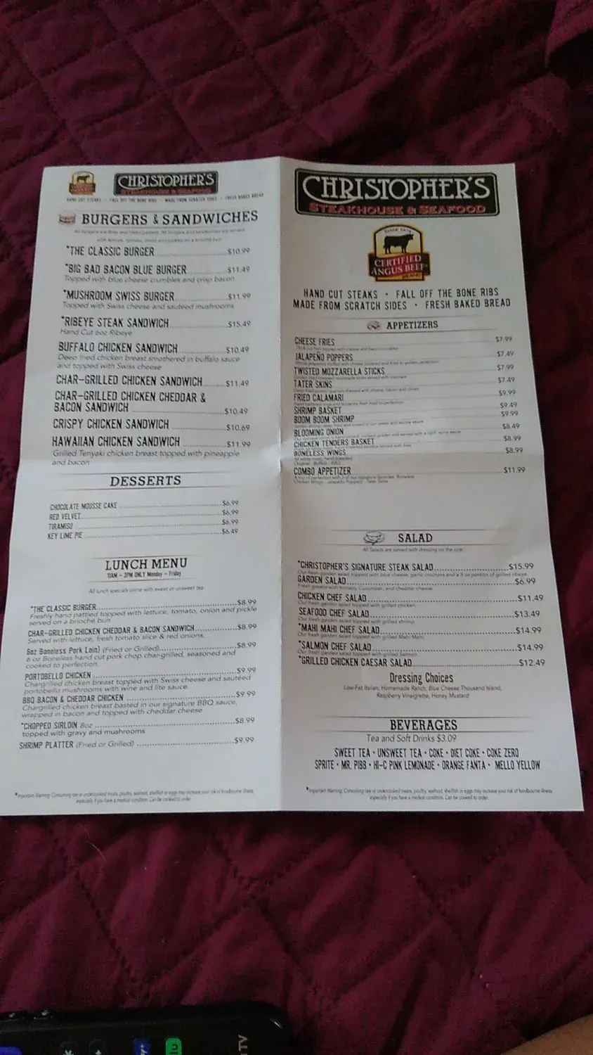 Christopher's Steakhouse & Seafood Menu - Updated November 2025