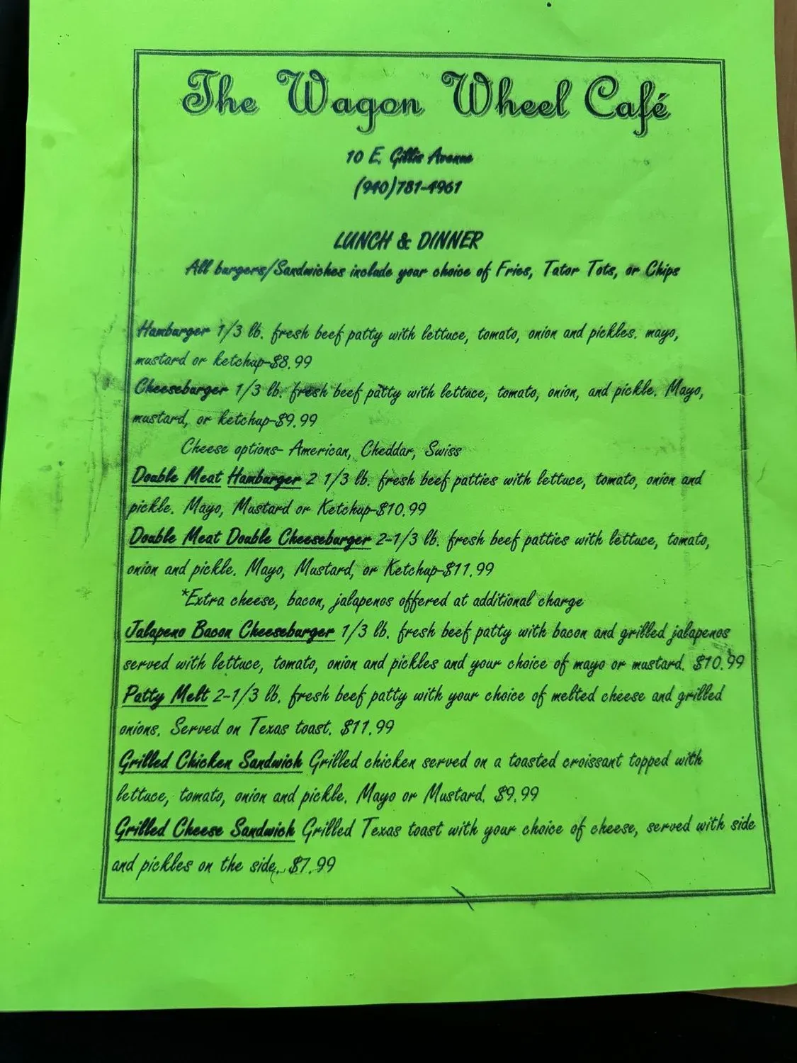 The Wagon Wheel Cafe Menu - Updated November 2025