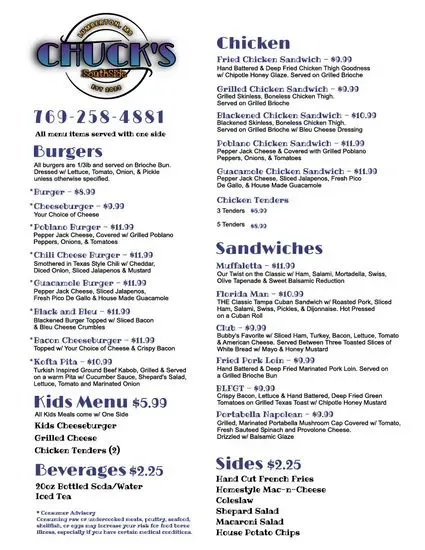 Chuck's Southside Menu | Lumberton, MS | Checkle