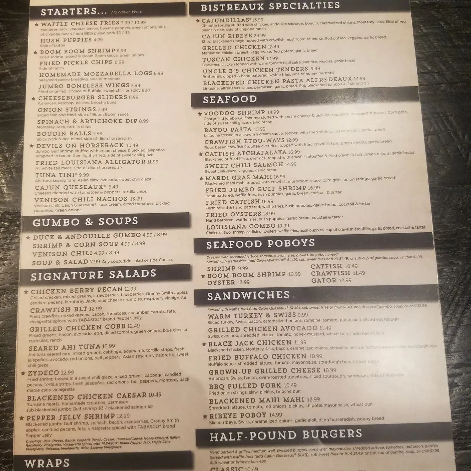 Walk-On's Sports Bistreaux - Brusly Restaurant Menu - Updated November 2025