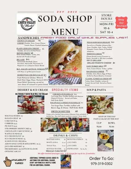 Carta Valley Market & Soda Shop Menu | West Columbia, TX | Checkle