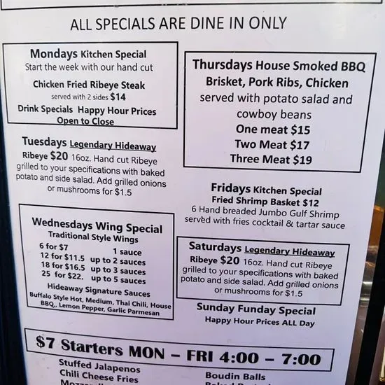 The Hideaway On Dunvale Menu | Houston, TX | Checkle