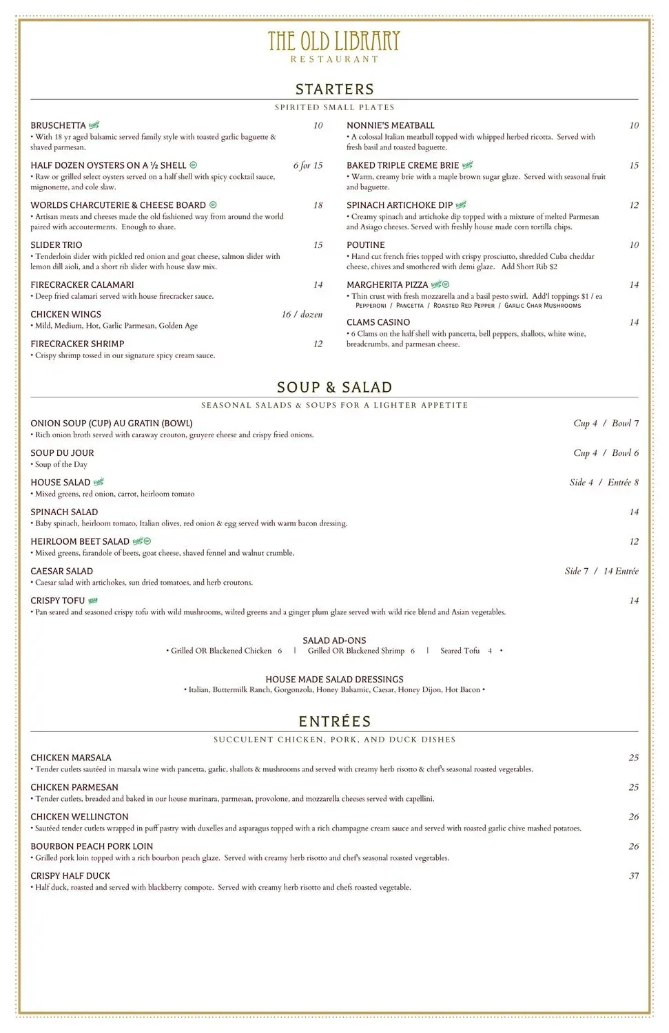 The Old Library Restaurant Menu | Olean, NY | Checkle