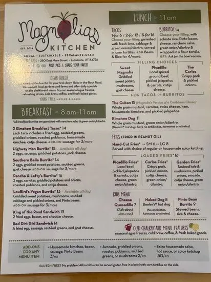 Magnolia's Kitchen Menu | Escalante, UT | Checkle