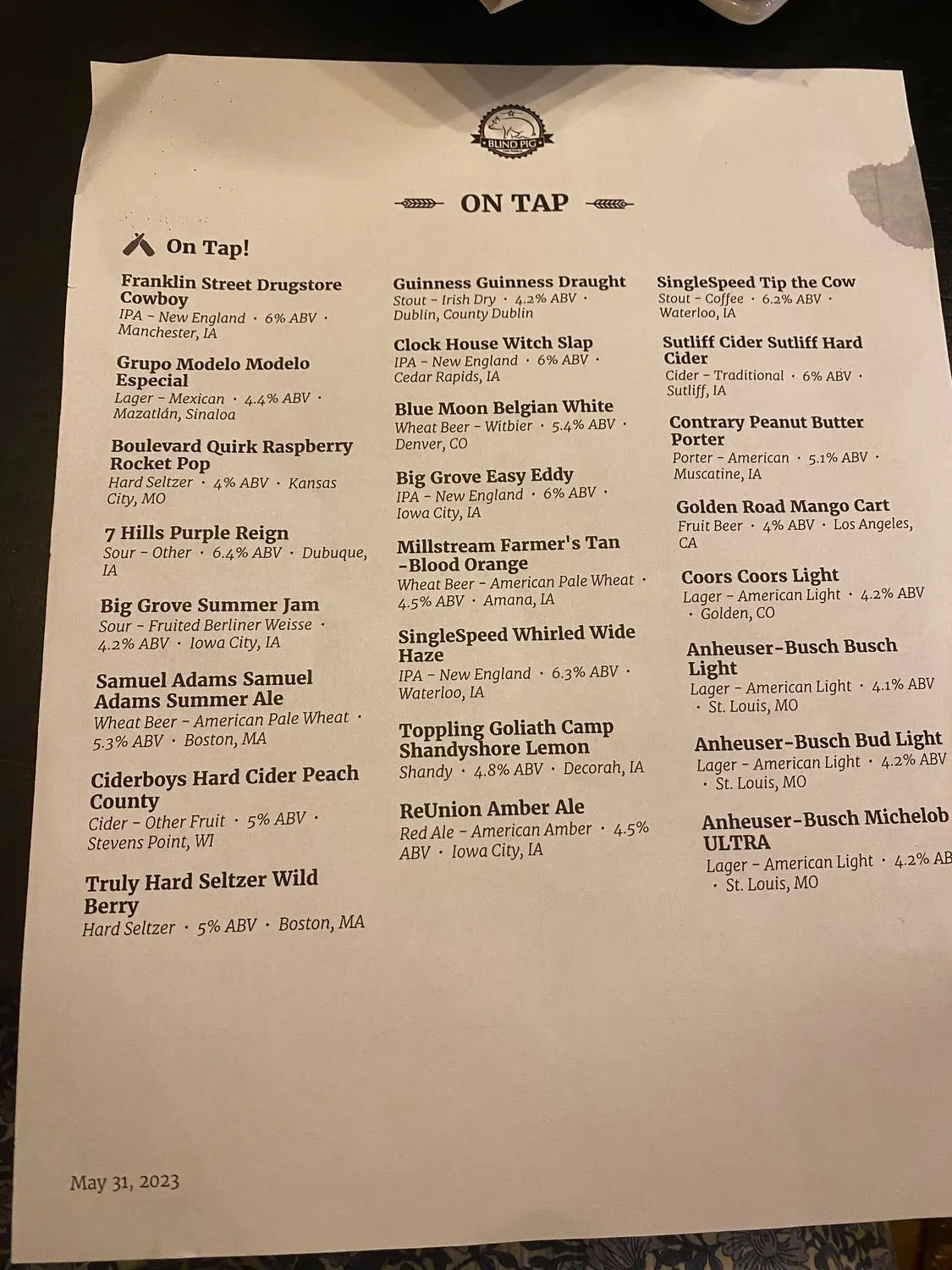 The Blind Pig - Monticello Menu - Updated November 2025