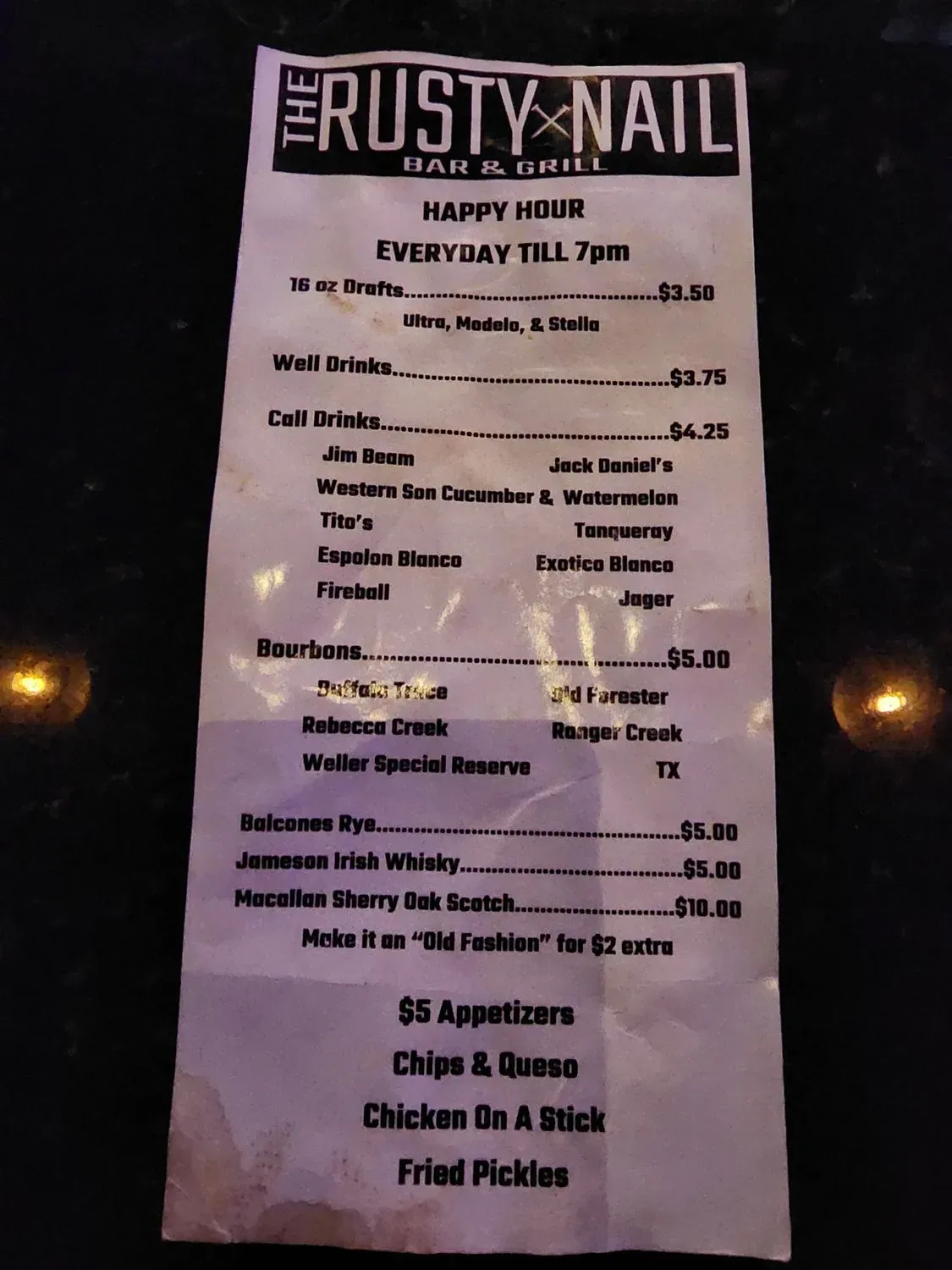 The Rusty Nail Menu - Updated November 2025