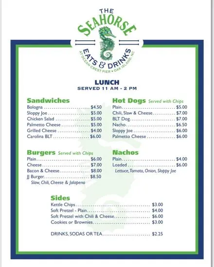 The Seahorse Eats & Drinks Menu | Oak Island, NC | Checkle