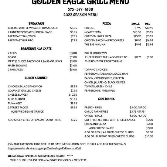 Golden Eagle Grill Menu | Eagle Nest, NM | Checkle