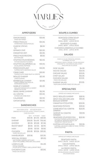 Marlie's Restaurant Menu | French Settlement, LA | Checkle