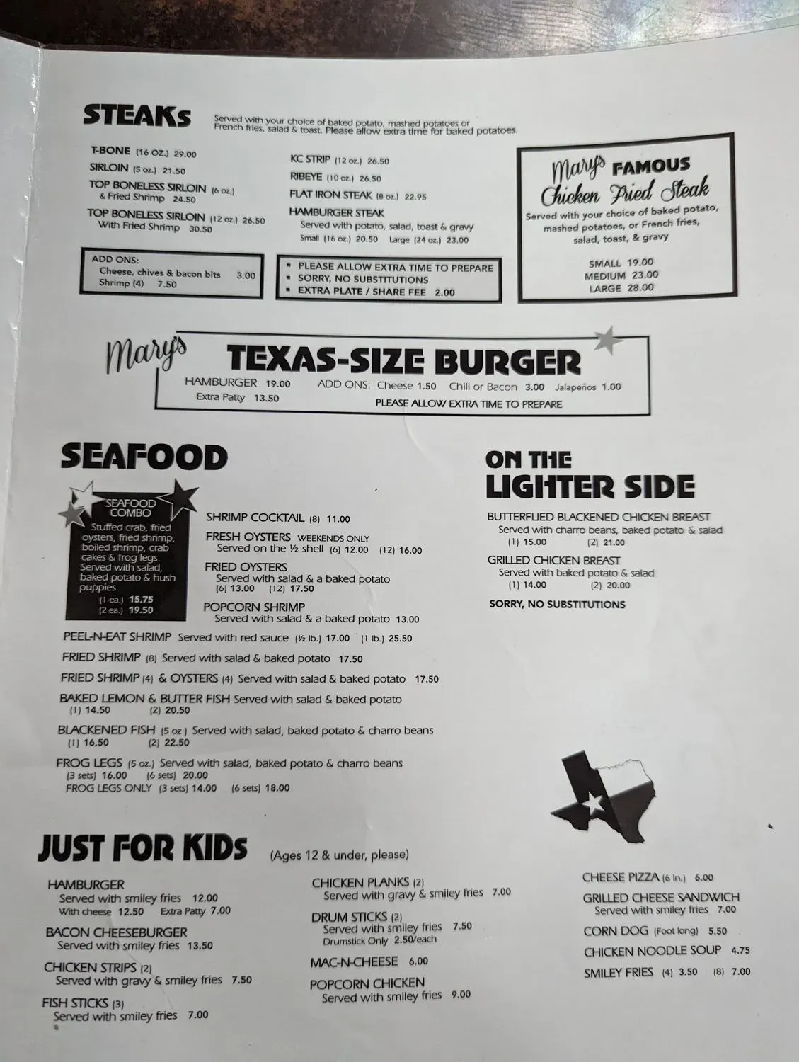 Mary's Cafe Menu - Updated November 2025