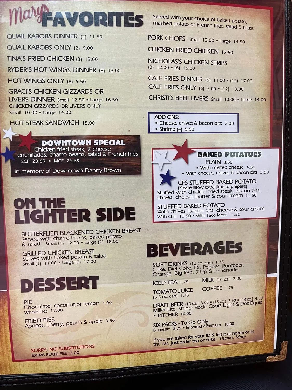 Mary's Cafe Menu - Updated November 2025
