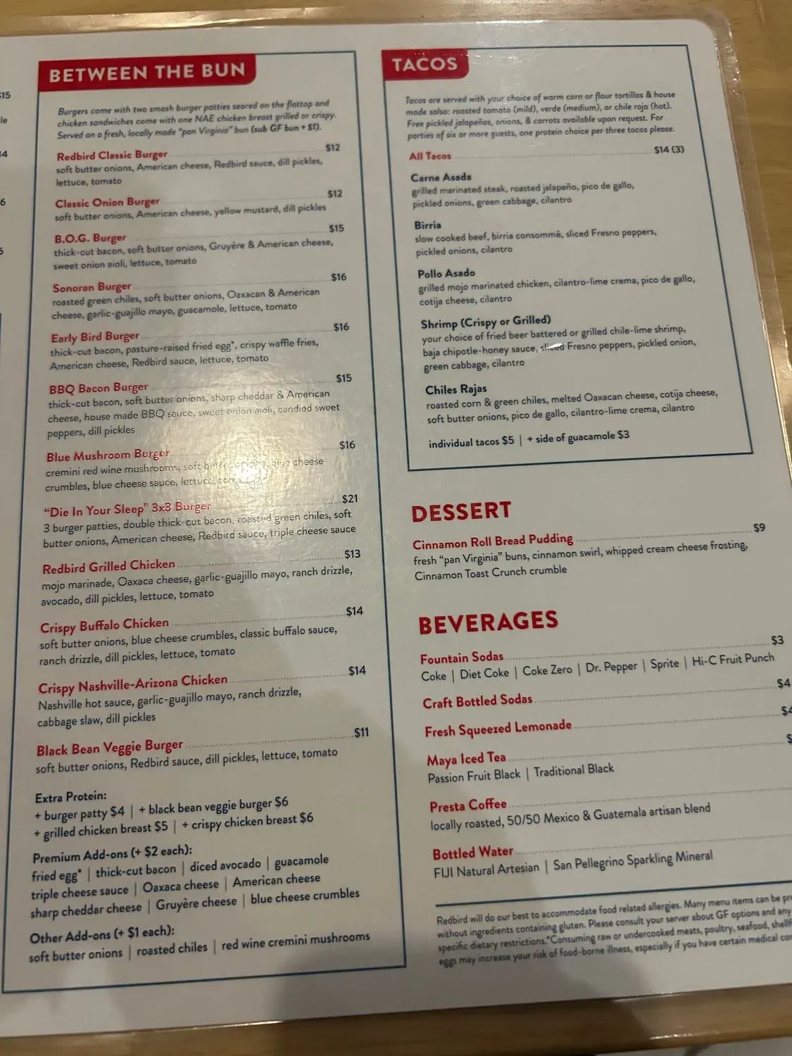 Redbird Scratch Kitchen + Bar Menu - Updated November 2025