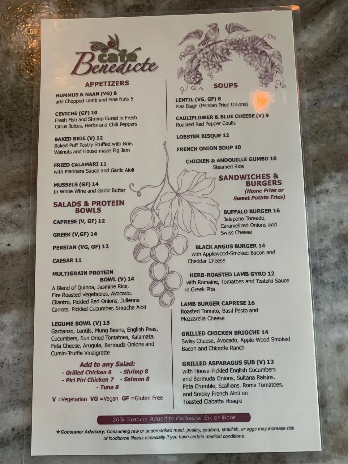 Cafe Benedicte Menu - Updated November 2025
