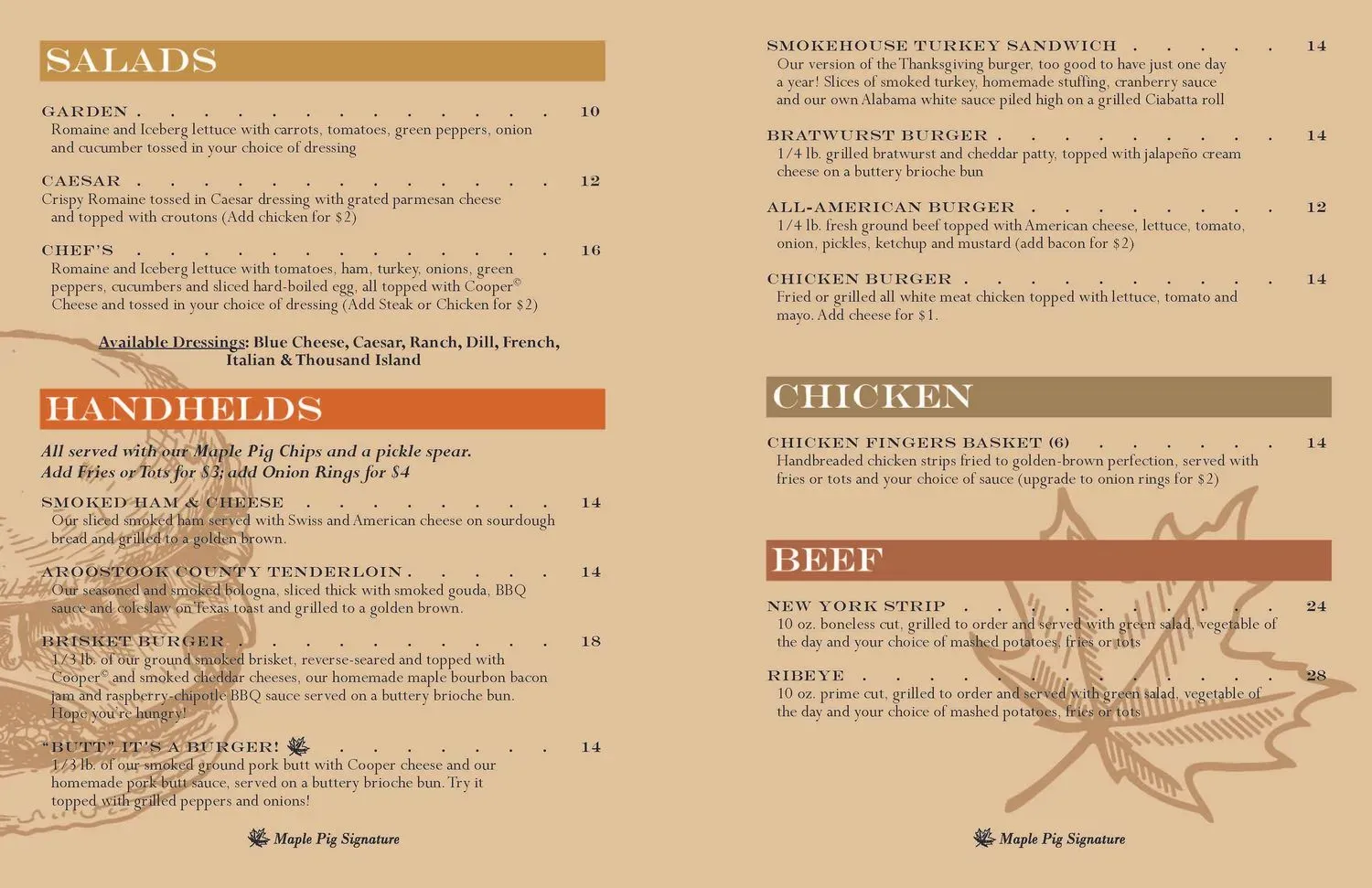 The Maple Pig Menu - Updated November 2025