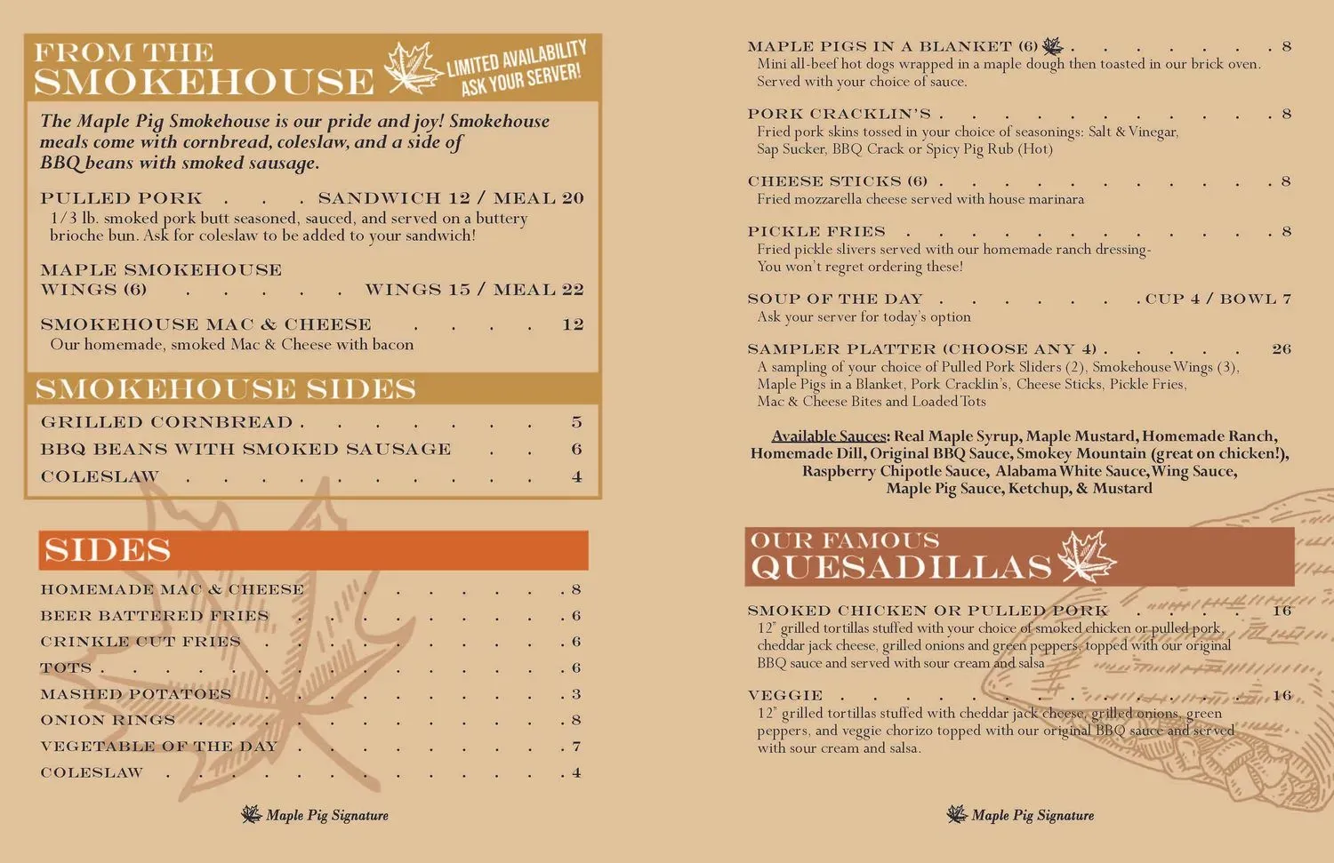 The Maple Pig Menu - Updated November 2025