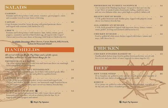 The Maple Pig Menu | Presque Isle, ME | Checkle