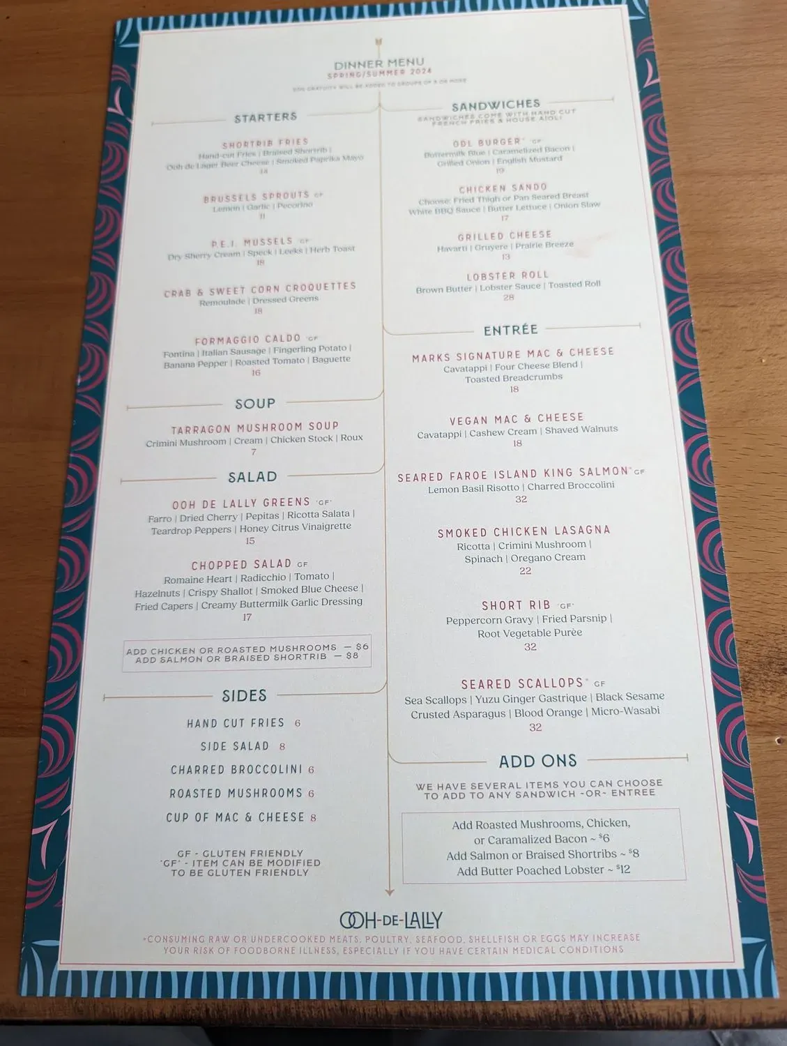 Ooh De Lally Menu - Updated November 2025