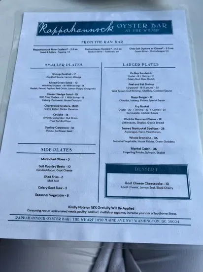 Rappahannock Oyster Bar Menu | Washington, DC | Checkle