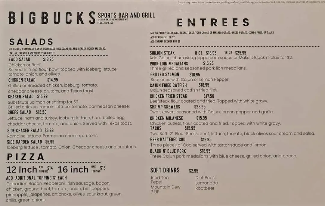 Big Bucks Sports Bar Grill ~ Casino Menu - Updated November 2025