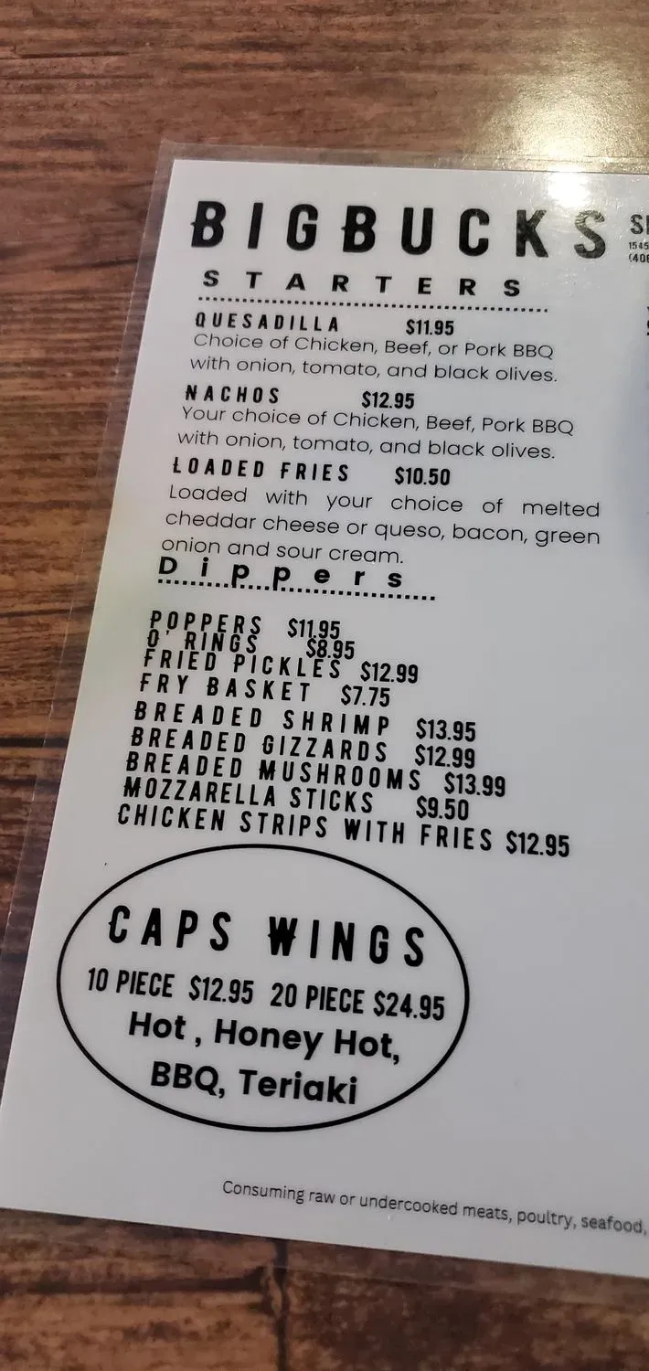 Big Bucks Sports Bar Grill ~ Casino Menu - Updated November 2025