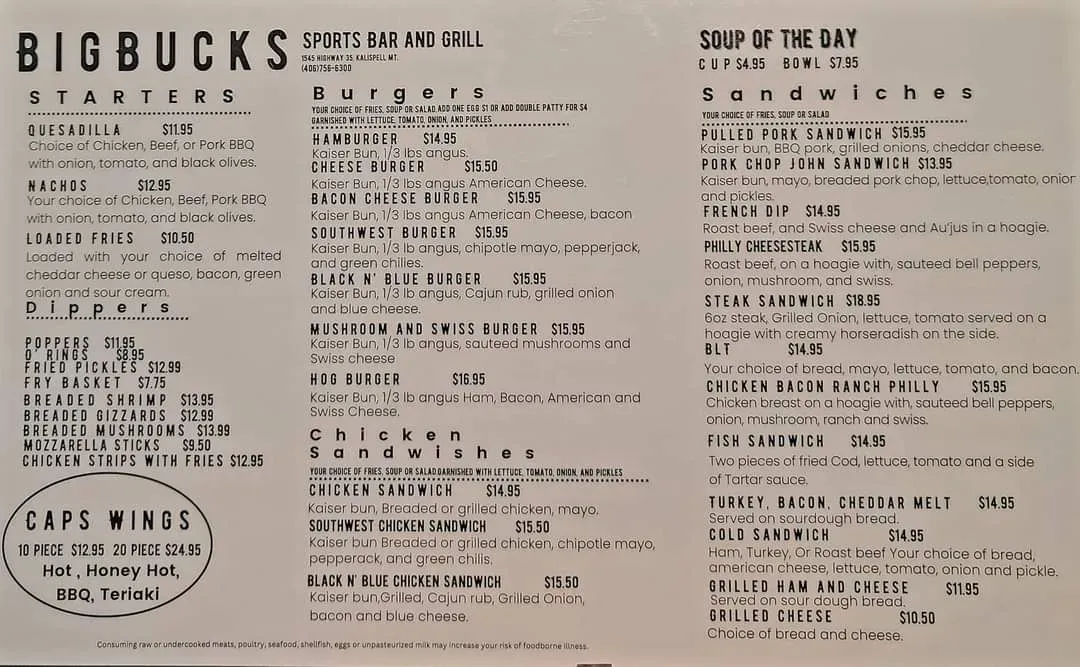 Big Bucks Sports Bar Grill ~ Casino Menu - Updated November 2025