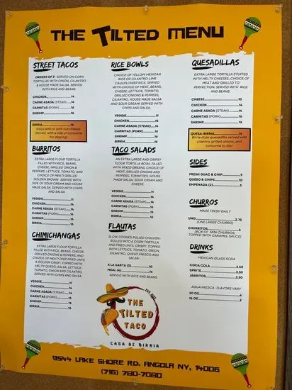 The Tilted Taco Menu | Angola, NY | Checkle