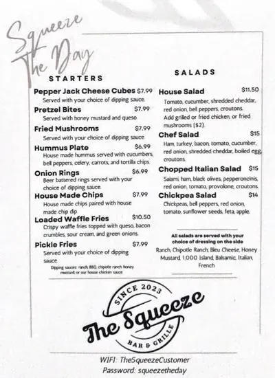 The Squeeze Bar & Grille Menu | Stevensville, MI | Checkle