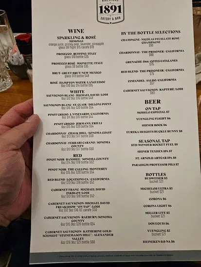 1891 American Eatery & Bar Menu | Houston, TX | Checkle