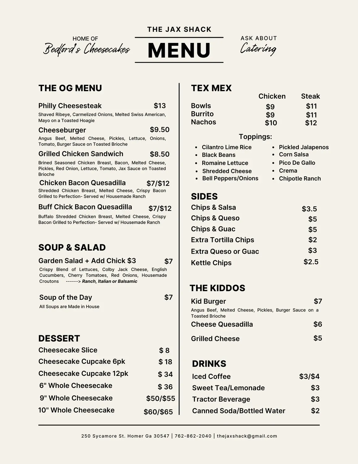 The Jax Shack Menu - Updated November 2025