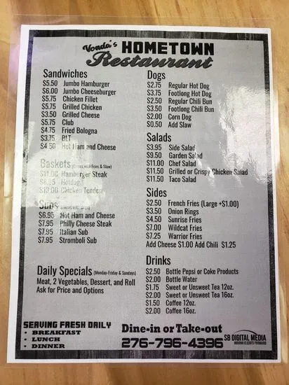 Vonda's Hometown Restaurant Menu | Pound, VA | Checkle