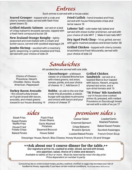 TK Prime Steakhouse Menu | Kirksville, MO | Checkle