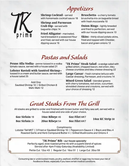 TK Prime Steakhouse Menu | Kirksville, MO | Checkle