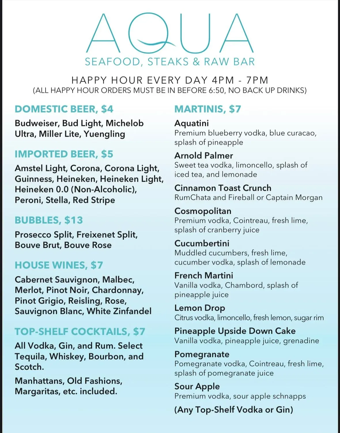 Aqua Seafood, Steaks & Raw Bar Menu - Updated November 2025