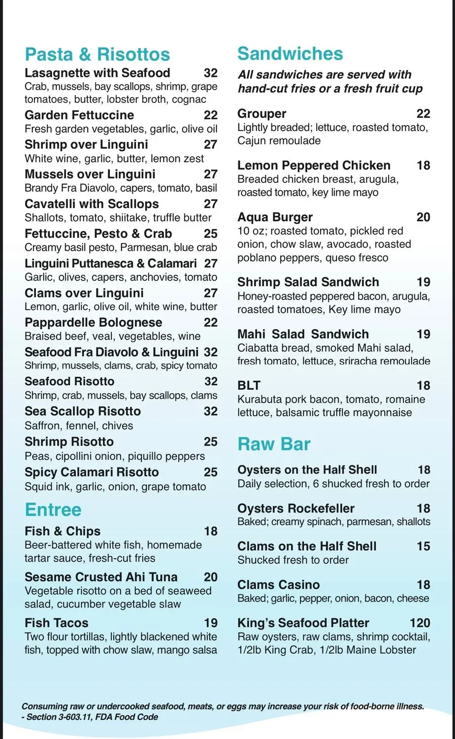 Aqua Seafood, Steaks & Raw Bar Menu - Updated November 2025