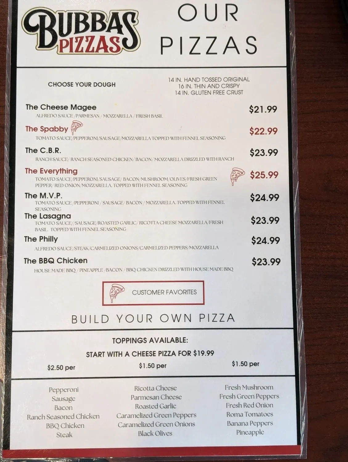 Bubbas Pizzas Menu - Updated November 2025