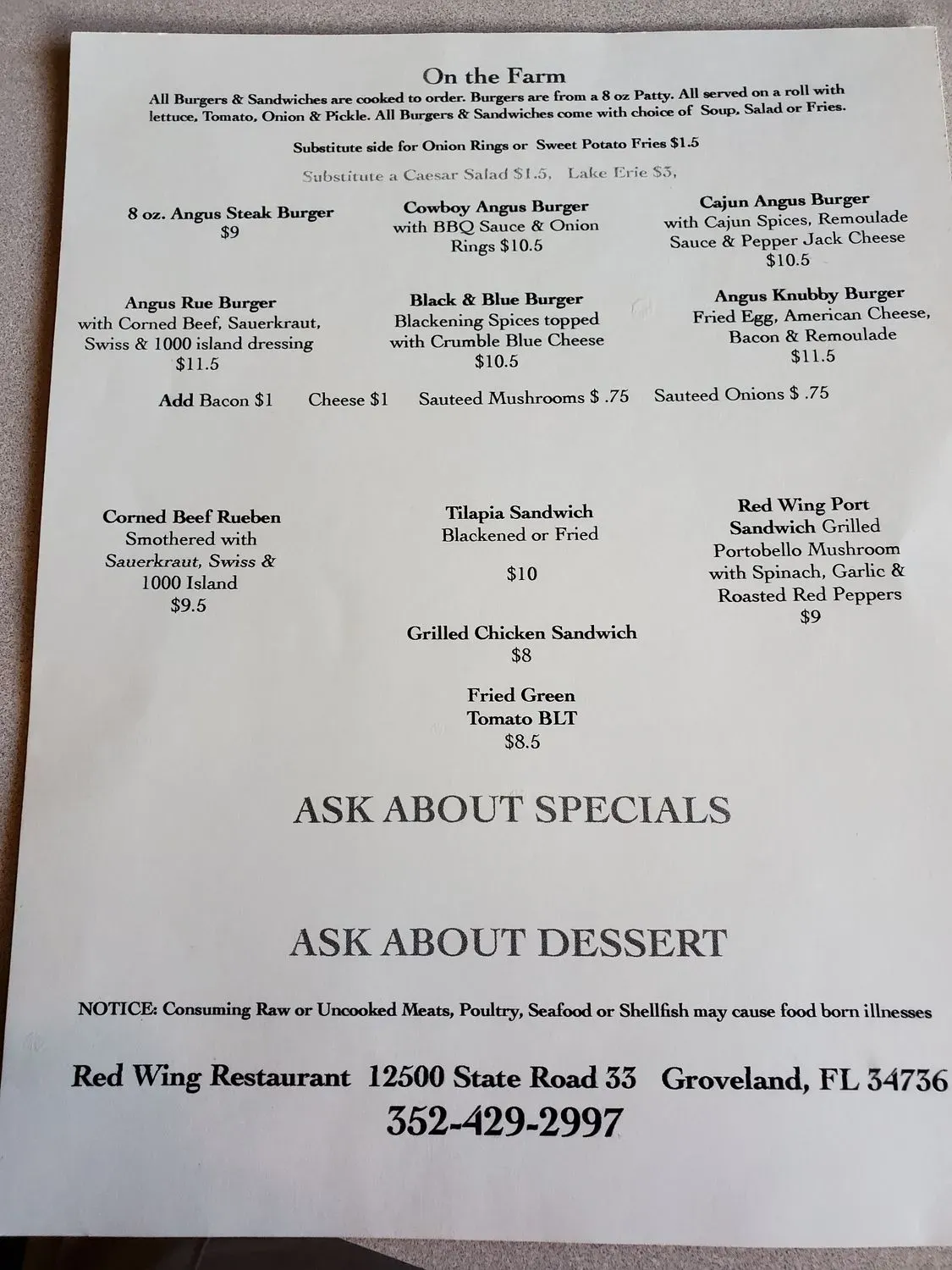 Red Wing Restaurant Menu - Updated November 2025