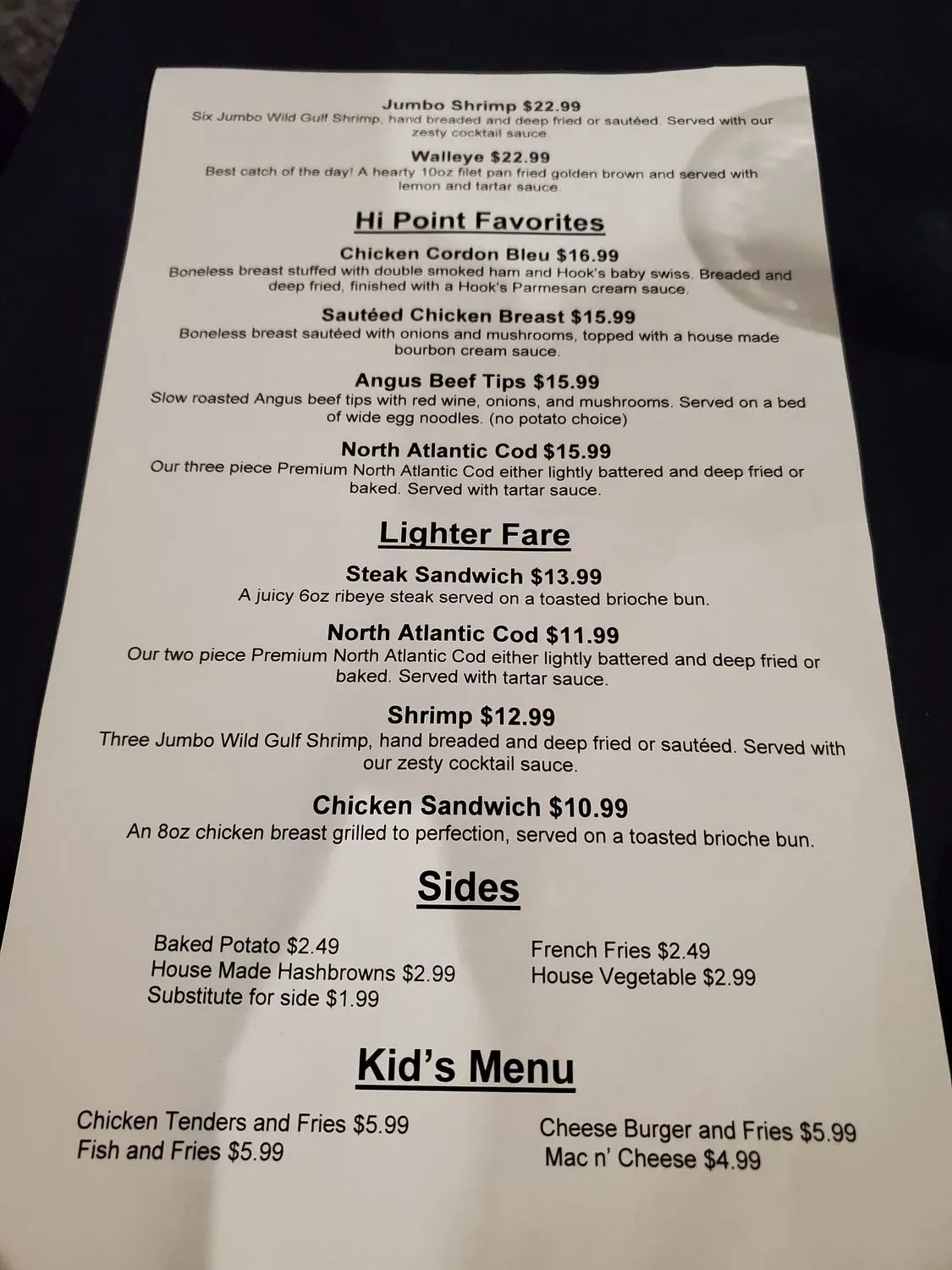 Hi Point Steak House Menu - Updated November 2025