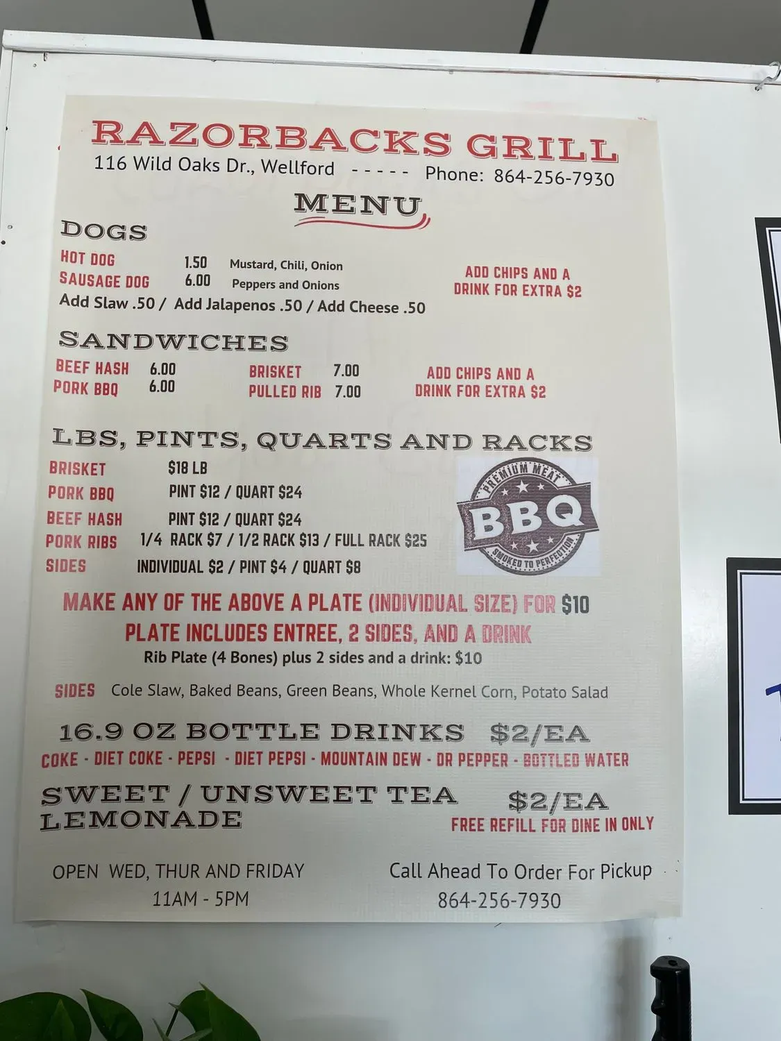 Razorbacks BBQ Grill Menu - Updated September 2025