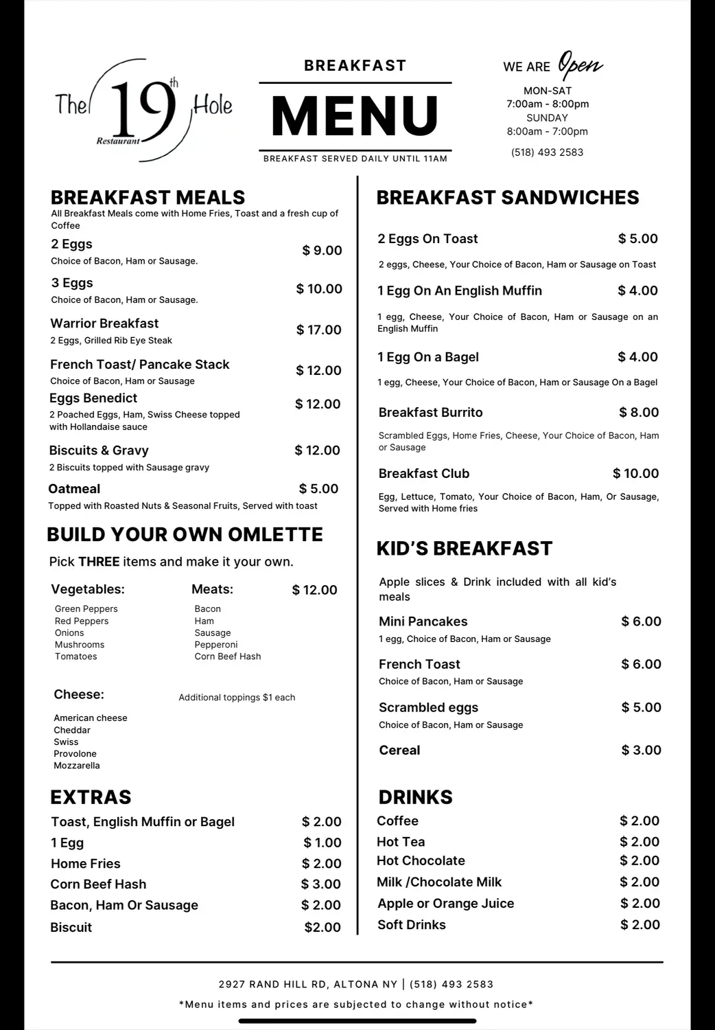 The 19th Hole Restaurant Menu - Updated November 2025
