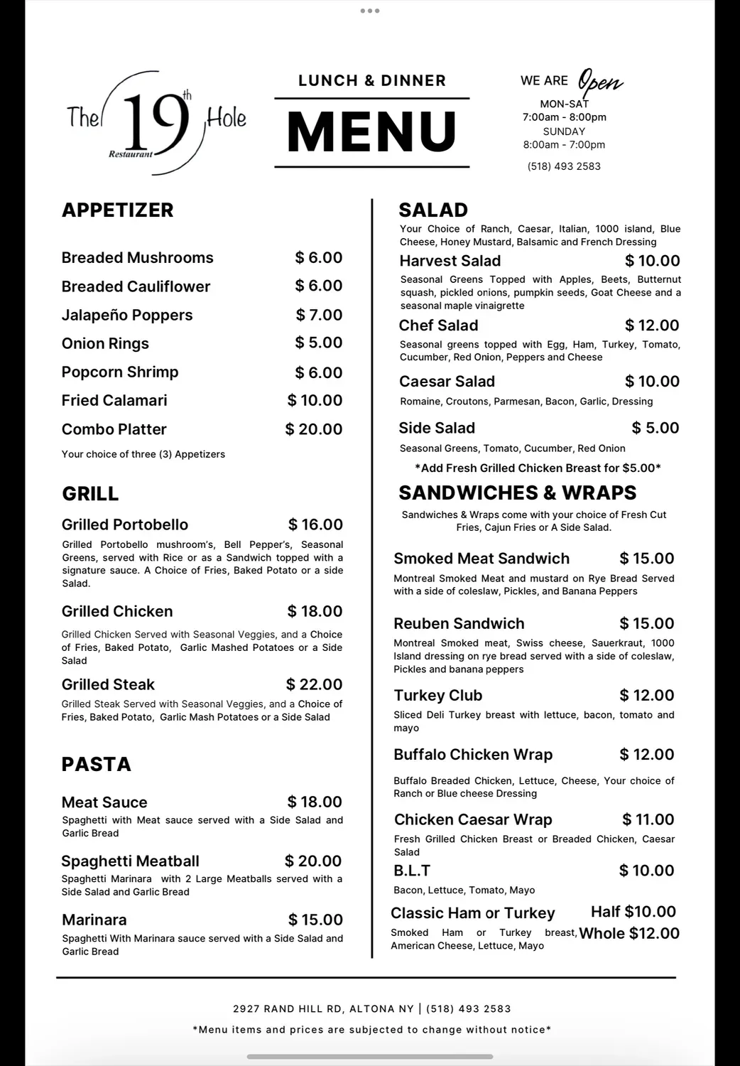 The 19th Hole Restaurant Menu - Updated November 2025
